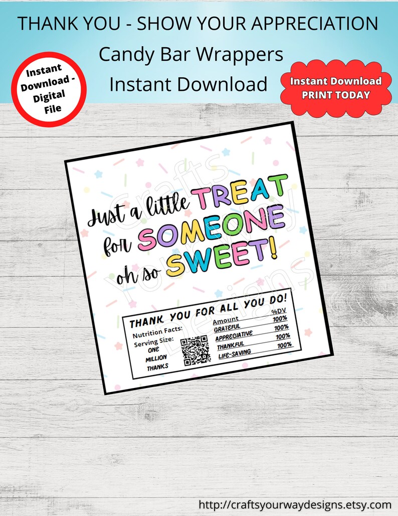 Printable THANK YOU Candy Bar Wrappers-gift Ideas-chocolate Bar Wrapper ...