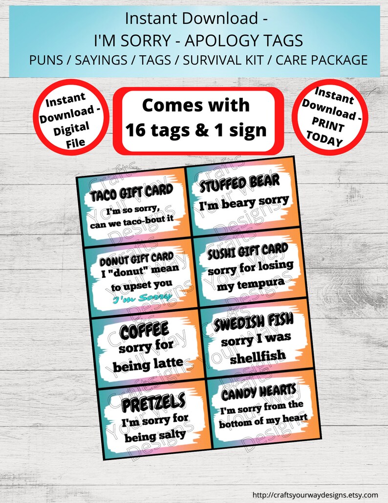 I'M SORRY Survival Kit, I'M SORRY Care Package, Gift Tags, I'M SORRY ...