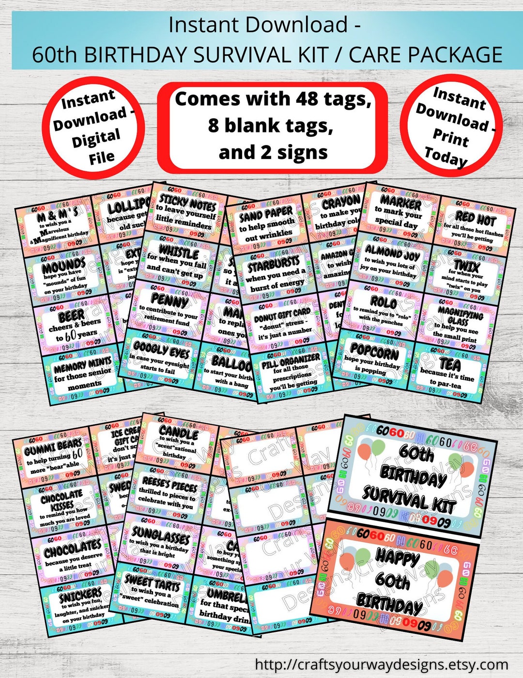 60th BIRTHDAY Survival Kit, 60th Birthday Care Package, Gift Tags ...