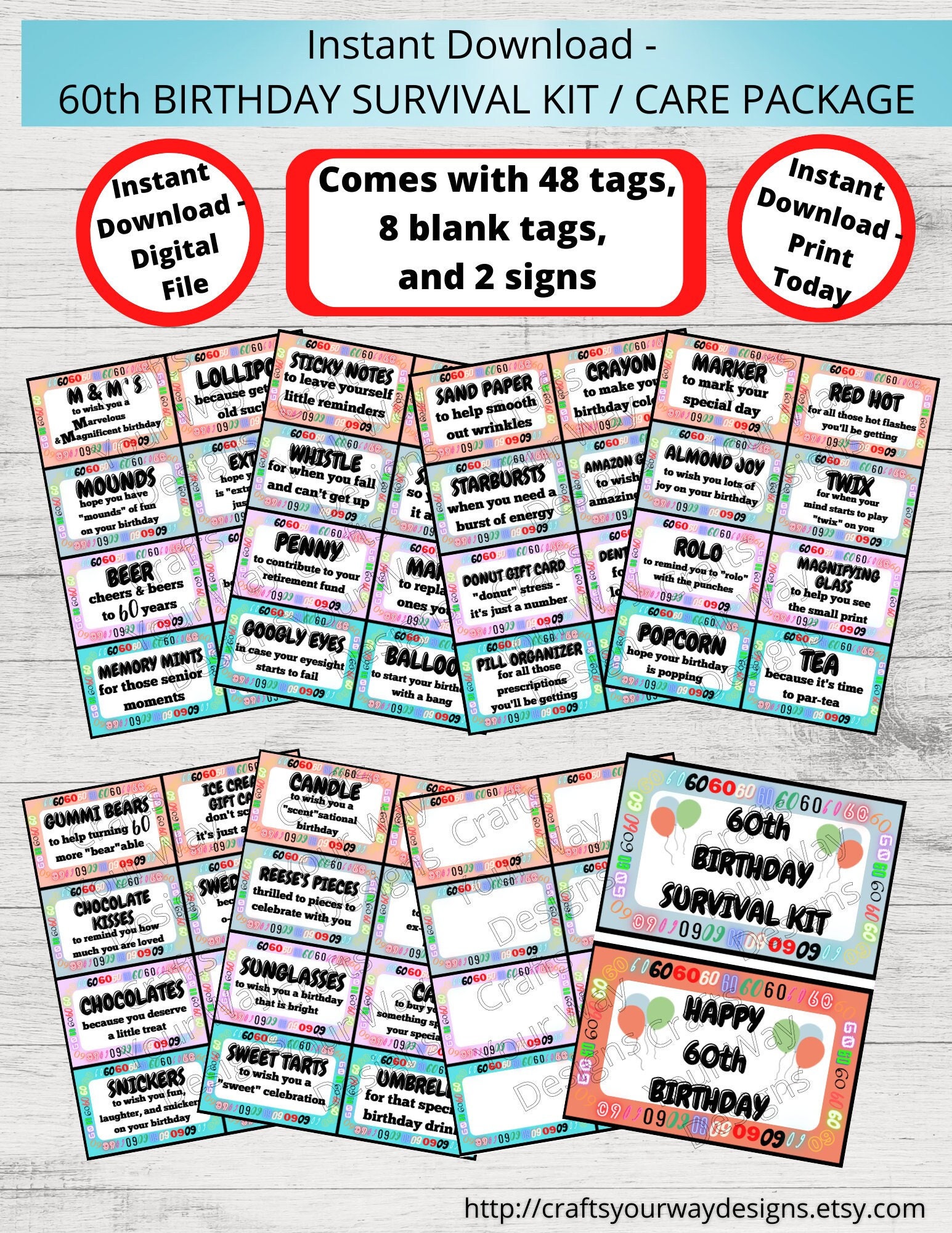 60th BIRTHDAY Survival Kit, 60th Birthday Care Package, Gift Tags ... 60th BIRTHDAY Survival Kit, 60th Birthday Care Package, Gift Tags ...