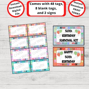50th BIRTHDAY Survival Kit, 50th Birthday Care Package, Gift Tags ...