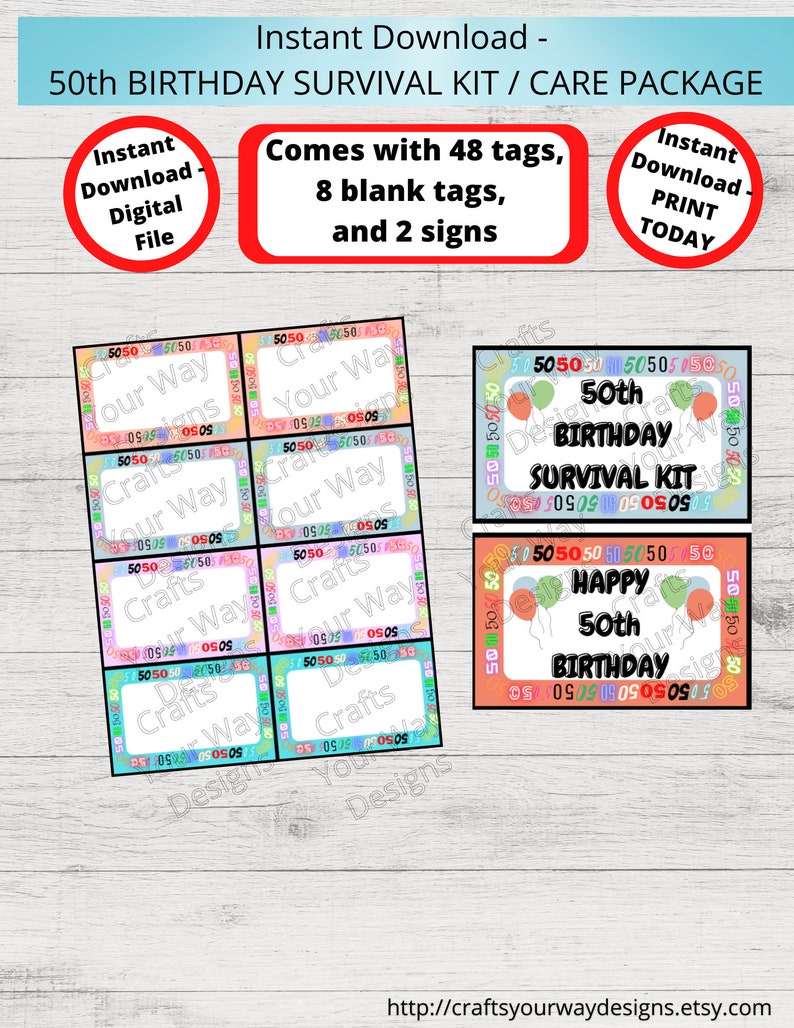 50th BIRTHDAY Survival Kit, 50th Birthday Care Package, Gift Tags ...