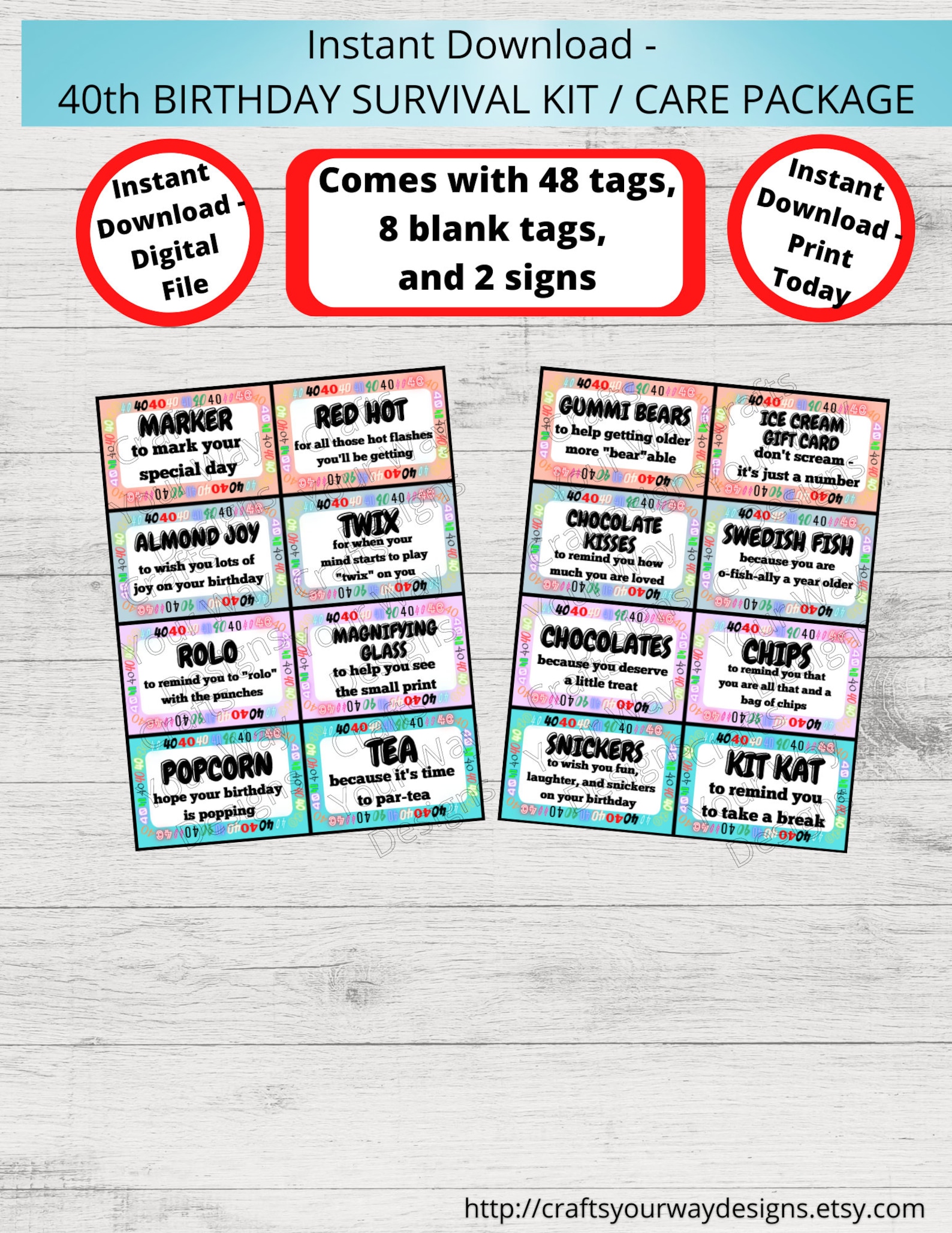 40th BIRTHDAY Survival Kit, 40th Birthday Care Package, Gift Tags ...