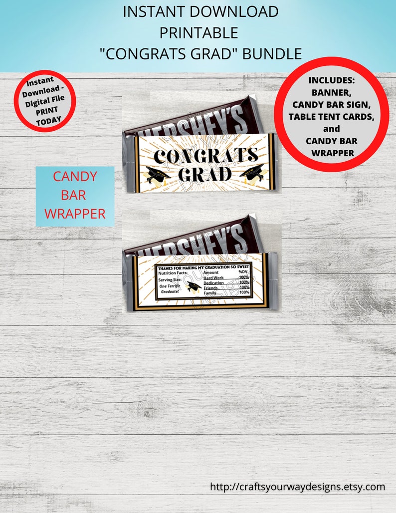 Printable CONGRATS GRAD Candy Bar Wrappers, Banner, Table Tents, Sign ...