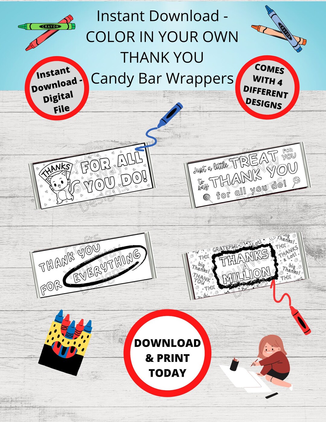 Printable COLORING THANK YOU Candy Bar Wrappers-gift Ideas-party Favors ...
