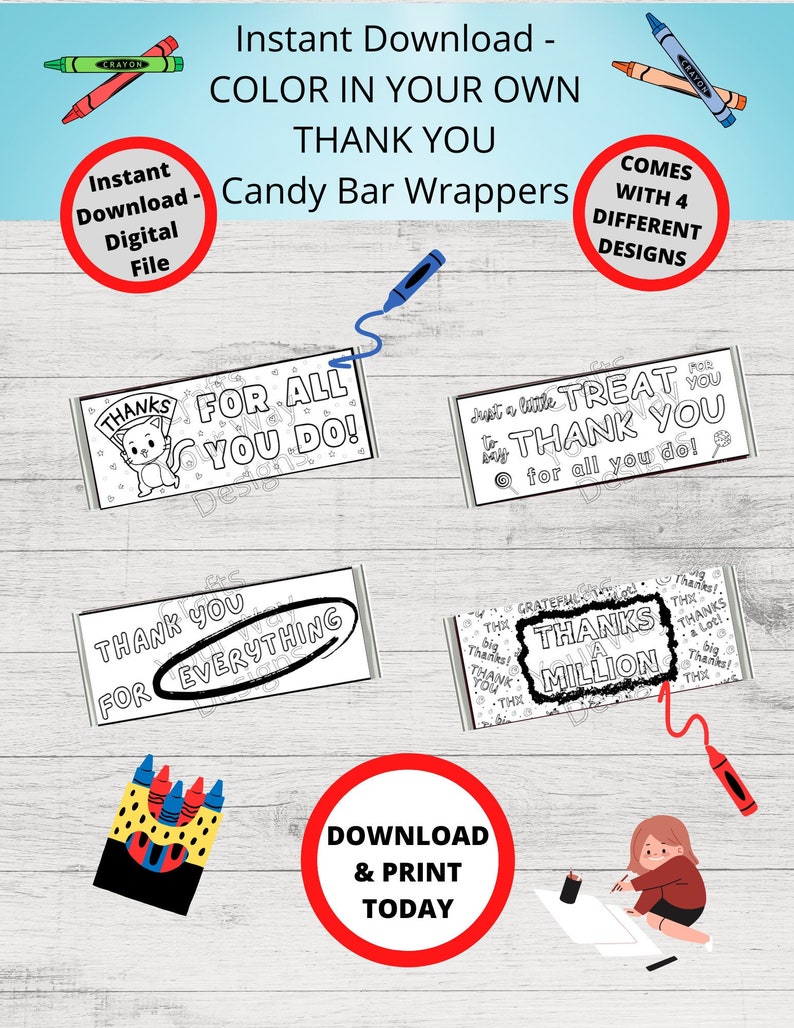 Printable COLORING THANK YOU Candy Bar Wrappers-gift Ideas-party Favors ...