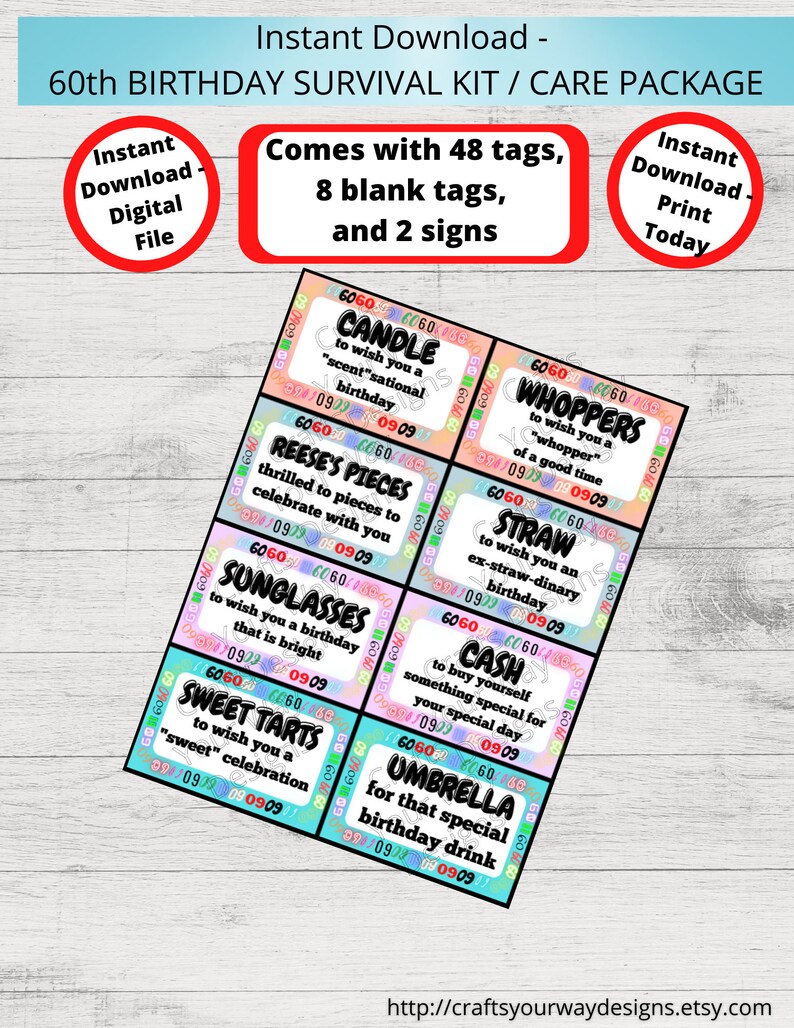 60th BIRTHDAY Survival Kit, 60th Birthday Care Package, Gift Tags ...