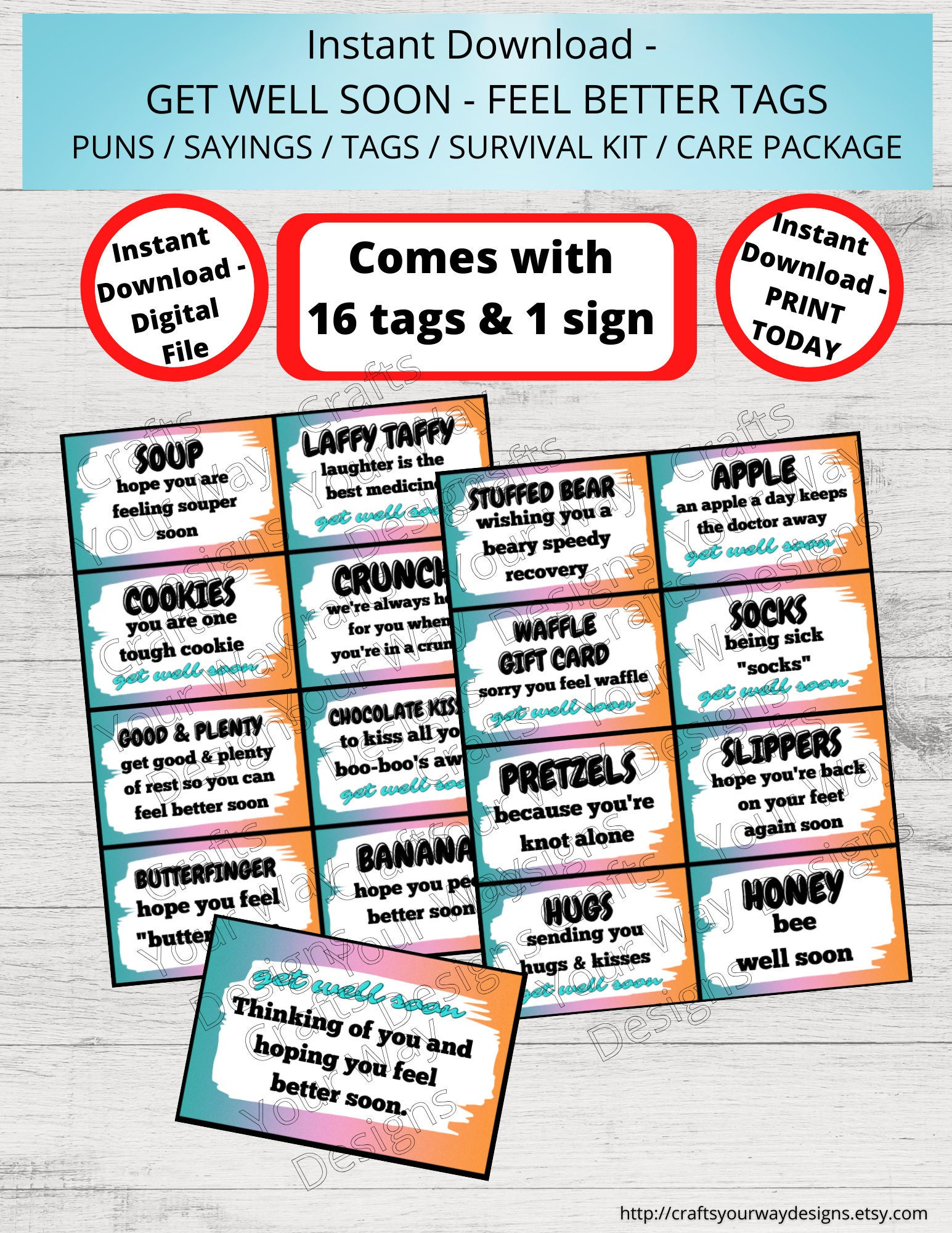 GET WELL SOON Survival Kit, Feel Better Care Package, Gift Tags, Gift ...