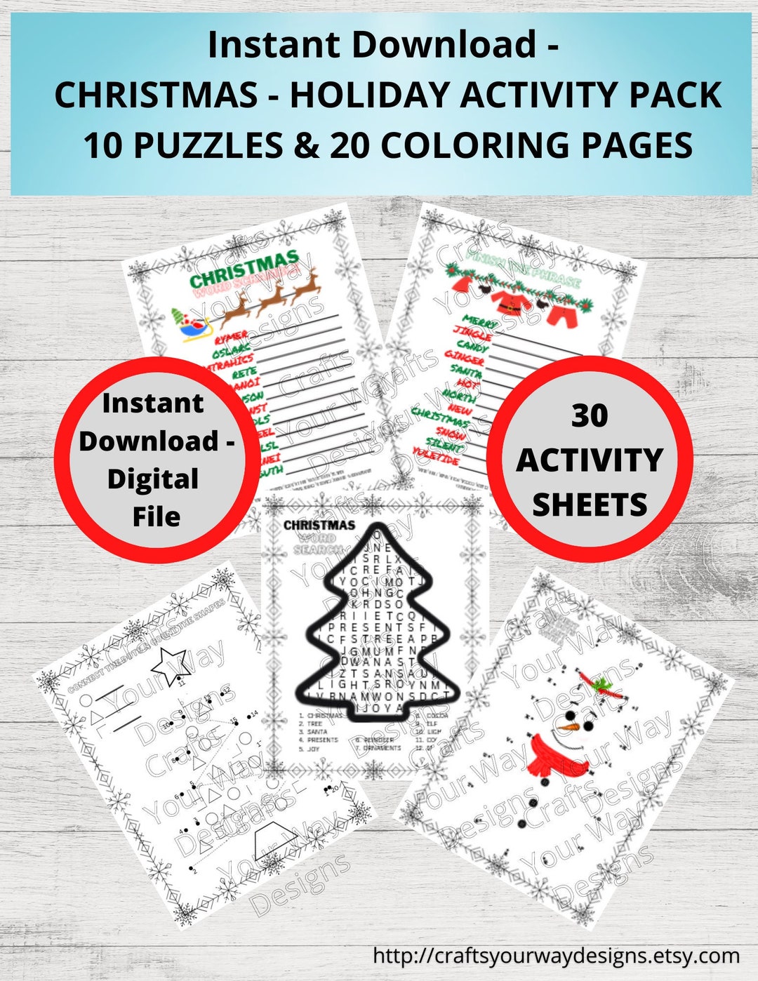 30 Printable CHRISTMAS ACTIVITY and COLORING Pages-10 Activity Sheets ...
