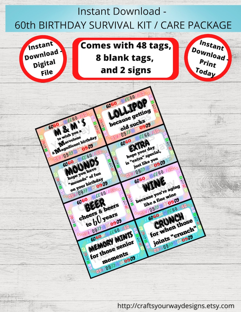 60th BIRTHDAY Survival Kit, 60th Birthday Care Package, Gift Tags ... 60th BIRTHDAY Survival Kit, 60th Birthday Care Package, Gift Tags ...