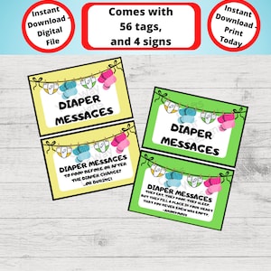 DIAPER MESSAGES Tags and Signs, Baby Shower Gift, Printable Instant ...