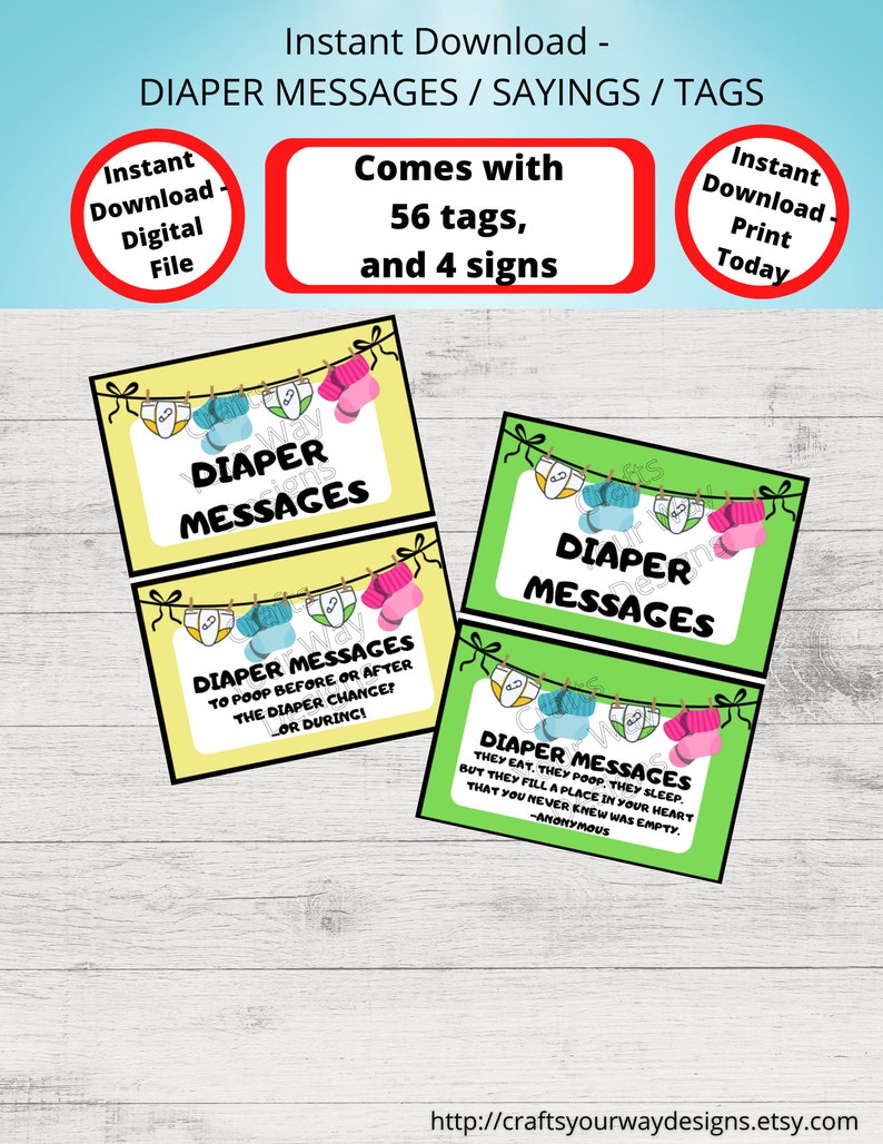 DIAPER MESSAGES Tags and Signs, Baby Shower Gift, Printable Instant ...