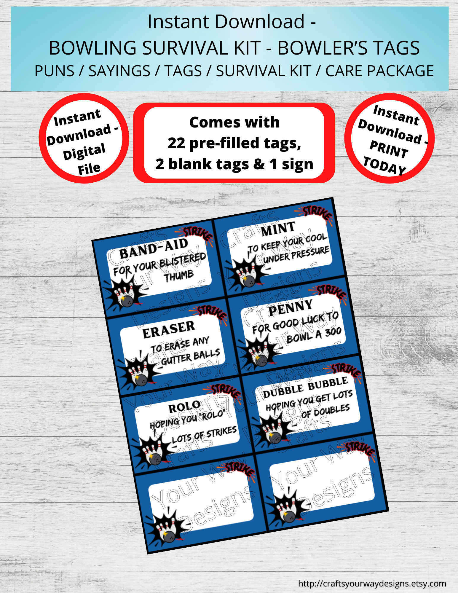 BOWLING Survival Kit, BOWLING Care Package, Gift Tags, BOWLING Gift ...