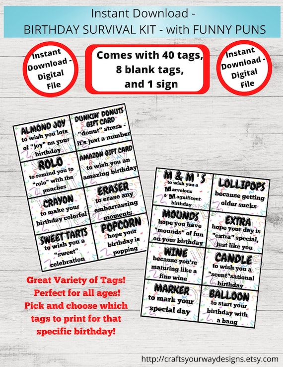 Instant Download Printables Birthday Survival Kit Birthday - Etsy