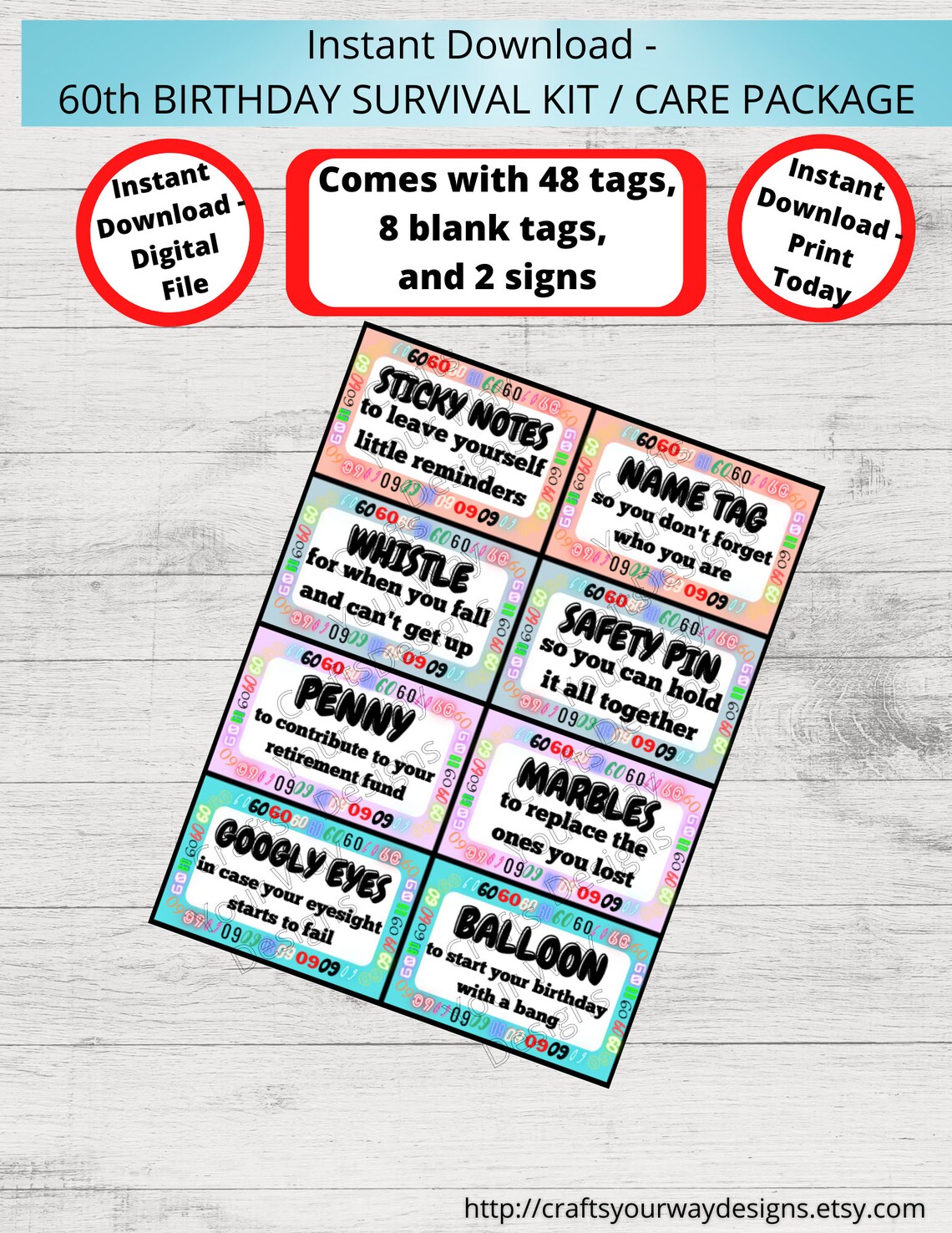 60th BIRTHDAY Survival Kit, 60th Birthday Care Package, Gift Tags ...
