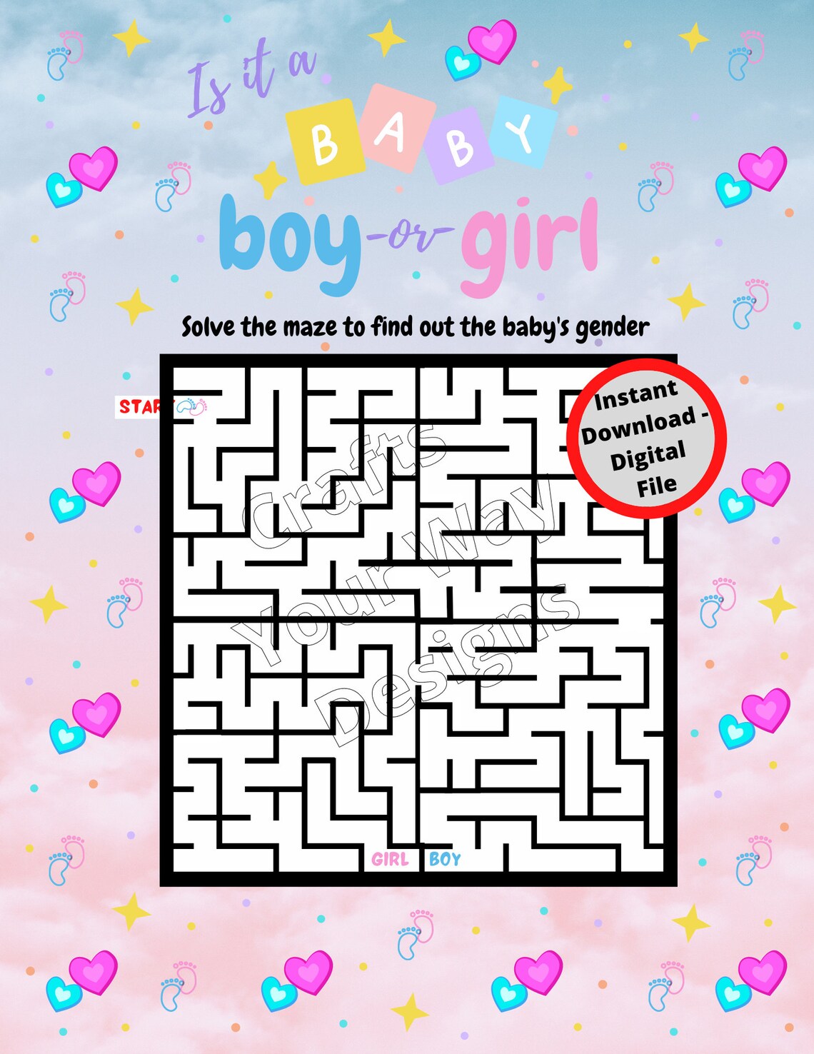 Printable GENDER REVEAL MAZE Game-gender Reveal Party Game, Party Ideas, Boy or Girl Maze Game ...