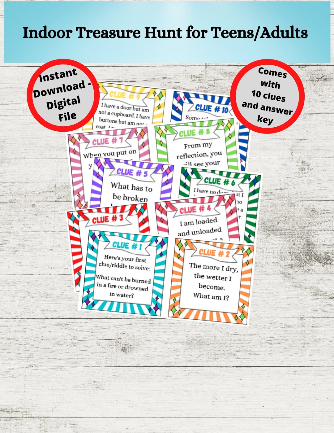 Printable Indoor Clues Riddles Scavenger Hunt / Treasure Hunt for Teens ...