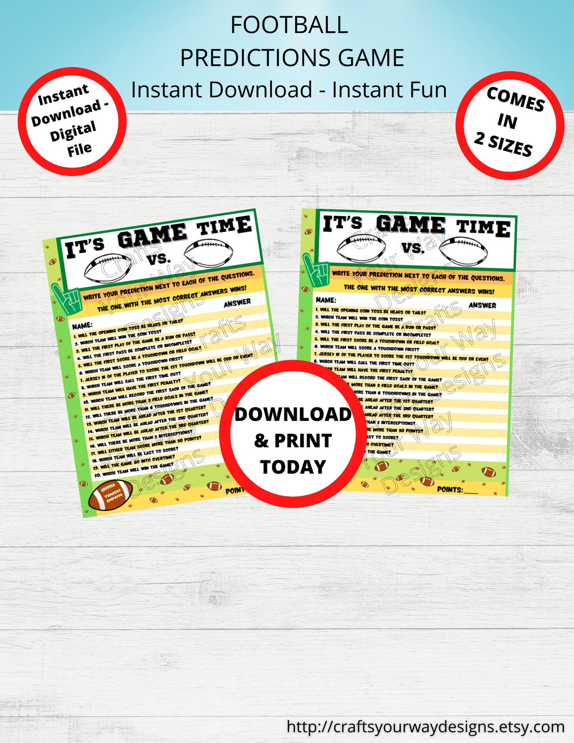 Printable FOOTBALL PREDICTION GAME. Instant Download. Watch Party Prop ...
