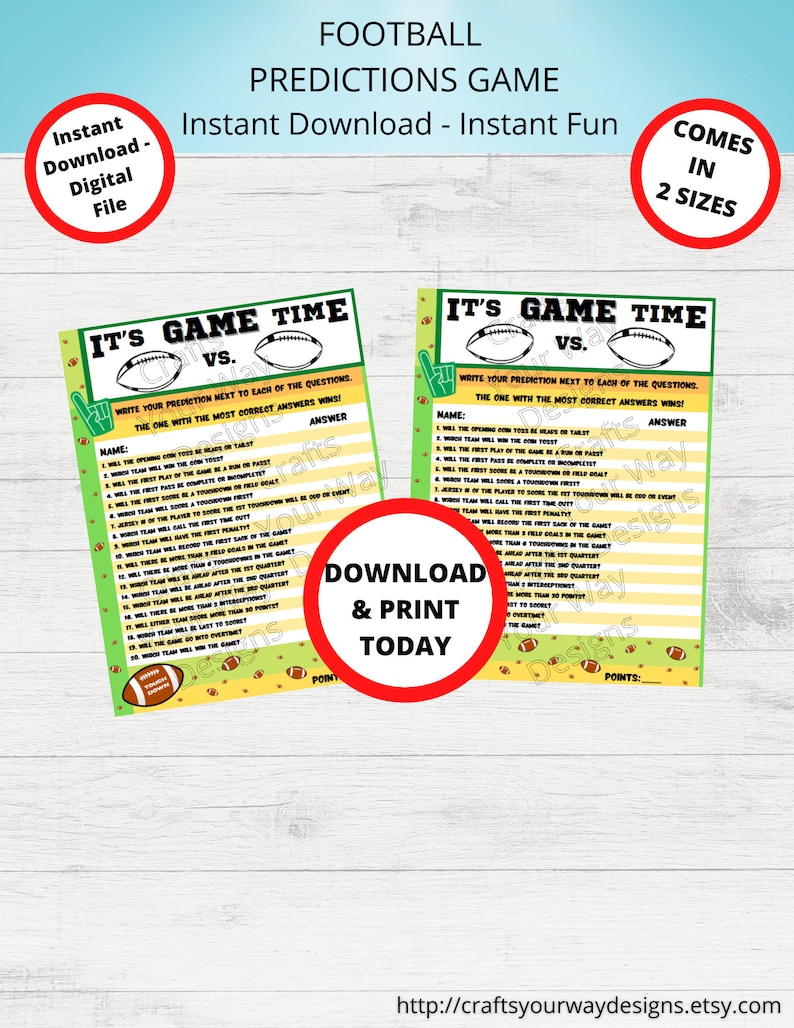 Printable FOOTBALL PREDICTION GAME. Instant Download. Watch Party Prop ...