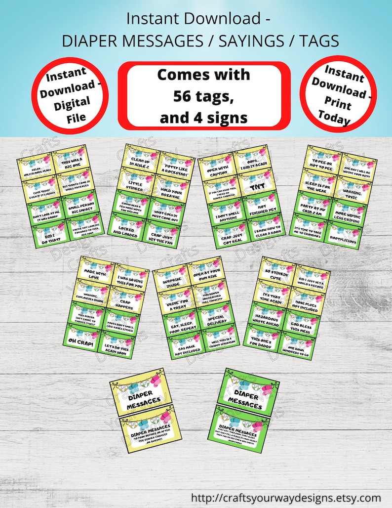 DIAPER MESSAGES Tags and Signs, Baby Shower Gift, Printable Instant ...