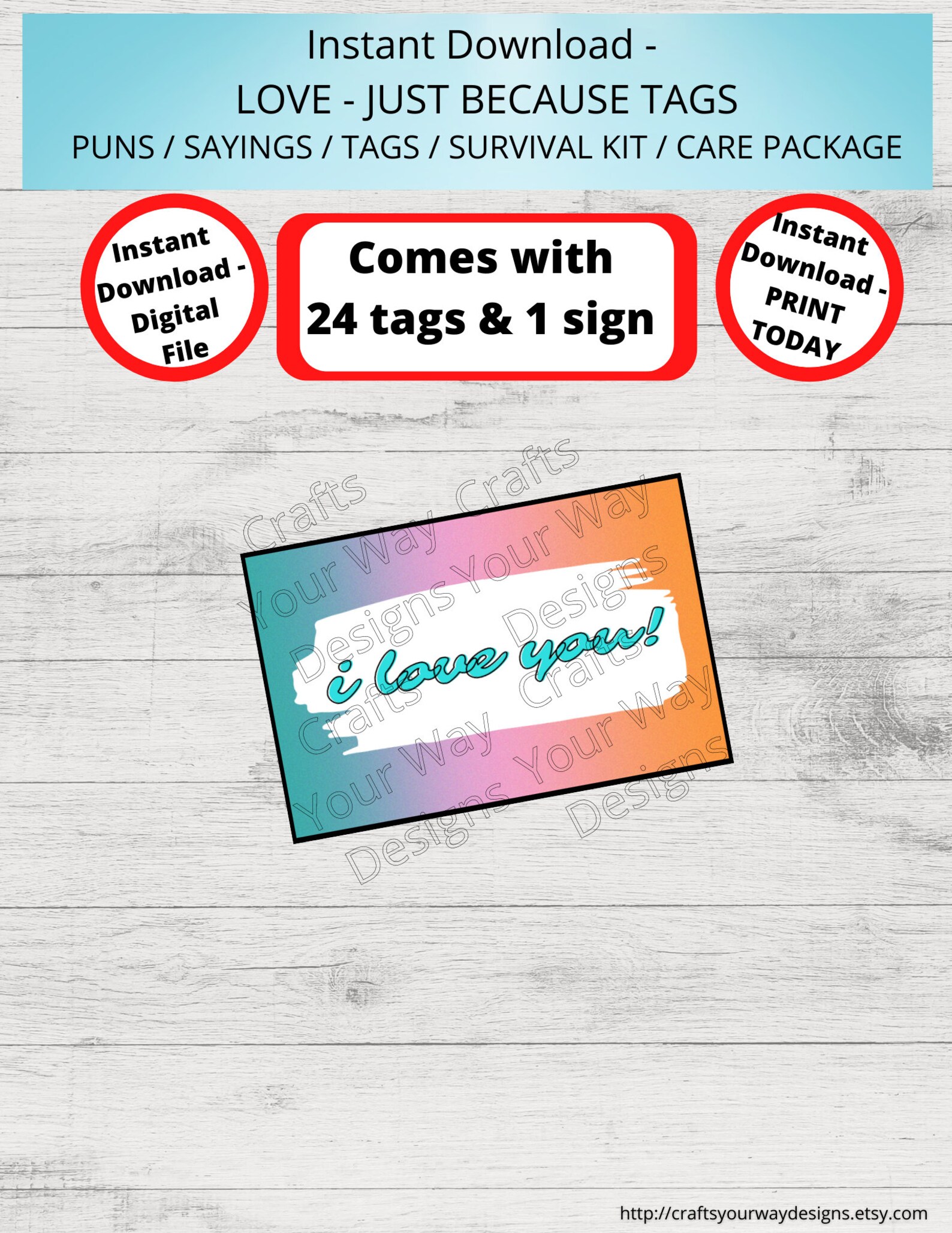 I LOVE YOU, Just Because Survival Kit, Care Package, Gift Tags, I Love ...