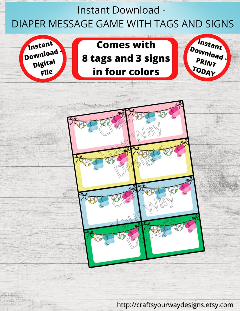 DIAPER MESSAGE GAME Tags and Signs, Baby Shower Games, Printable ...