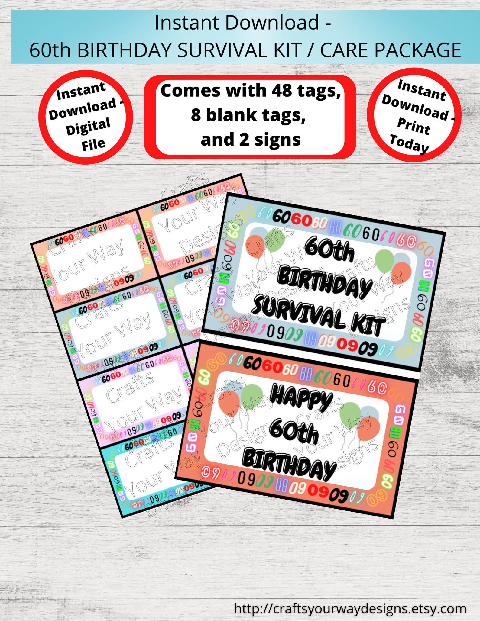 60th BIRTHDAY Survival Kit, 60th Birthday Care Package, Gift Tags ...