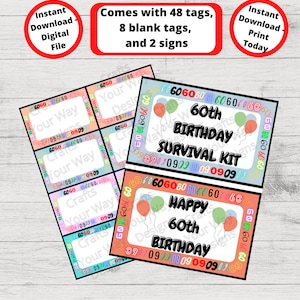 60th BIRTHDAY Survival Kit, 60th Birthday Care Package, Gift Tags ...