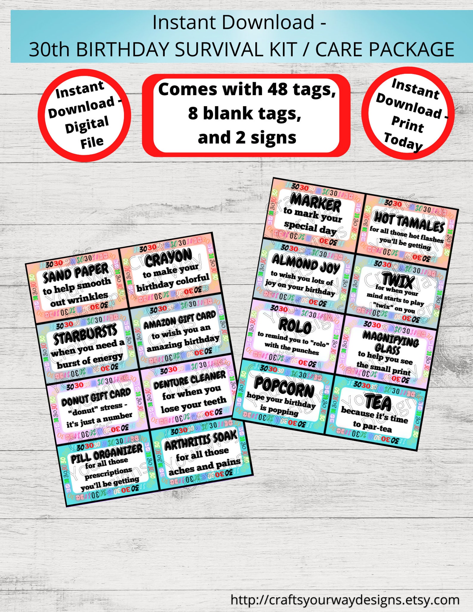 30th BIRTHDAY Survival Kit, 30th Birthday Care Package, Gift Tags ...