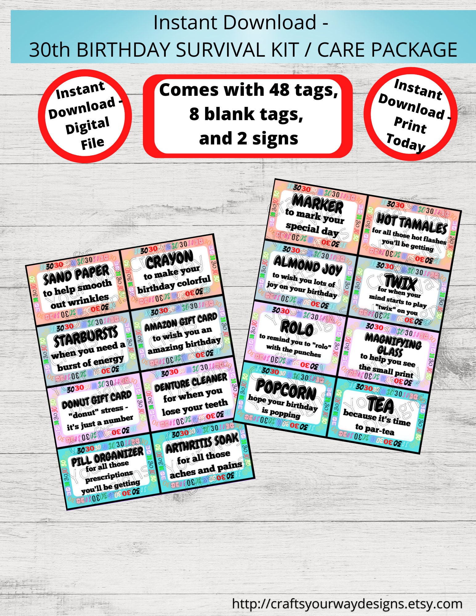 30th BIRTHDAY Survival Kit, 30th Birthday Care Package, Gift Tags ...
