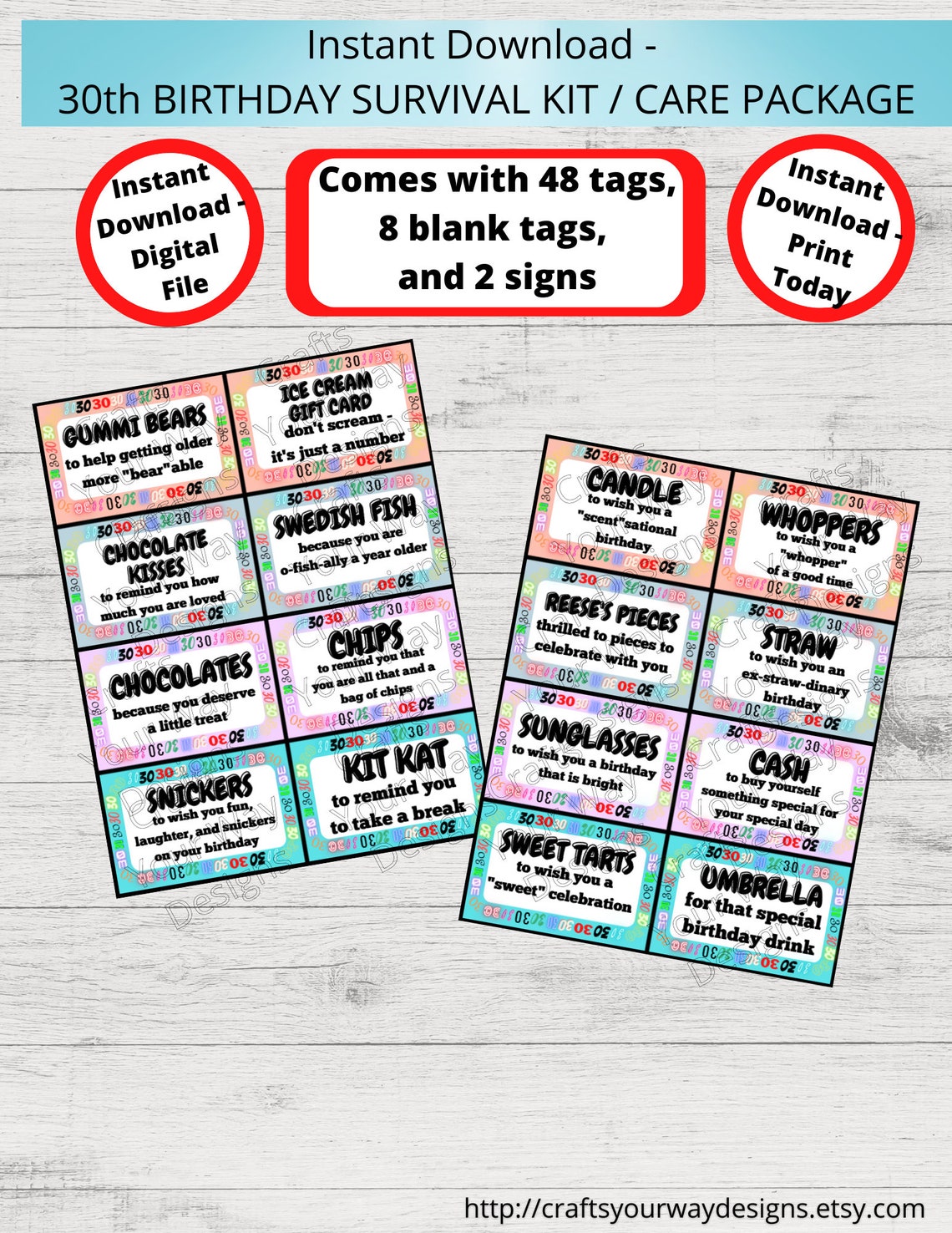 30th BIRTHDAY Survival Kit, 30th Birthday Care Package, Gift Tags ...
