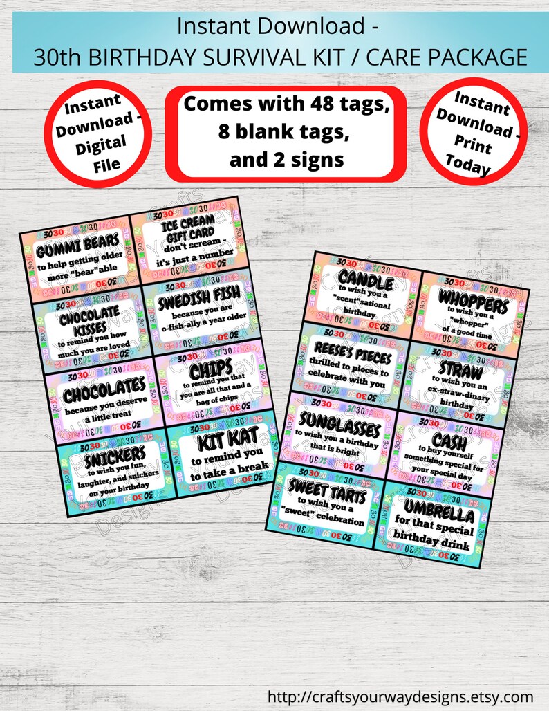 30th BIRTHDAY Survival Kit, 30th Birthday Care Package, Gift Tags ...