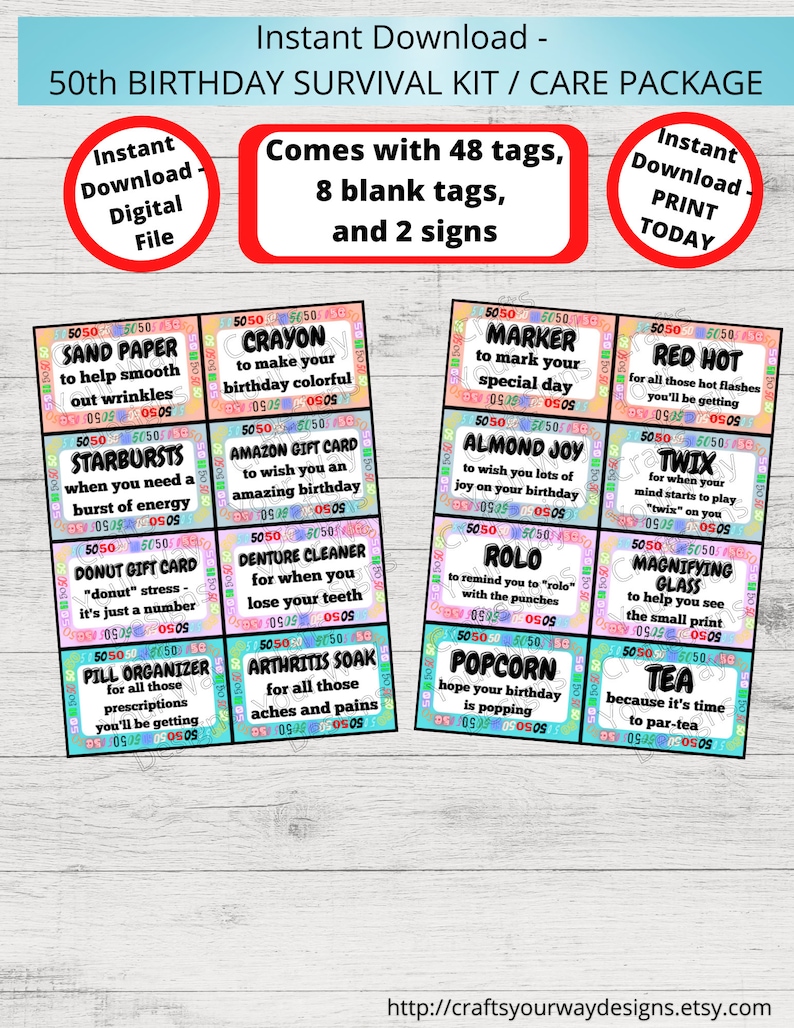 50th BIRTHDAY Survival Kit, 50th Birthday Care Package, Gift Tags ...