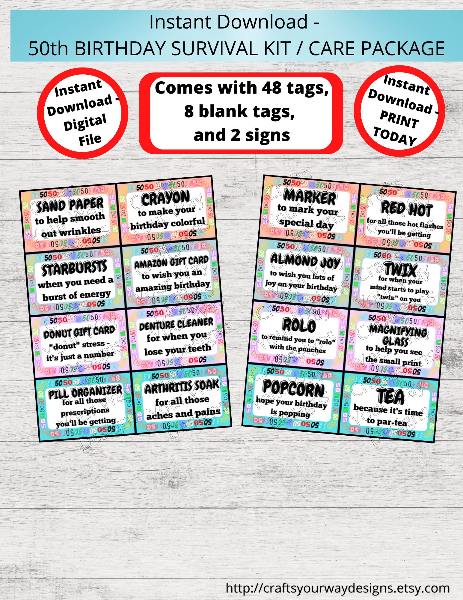 50th BIRTHDAY Survival Kit, 50th Birthday Care Package, Gift Tags ...