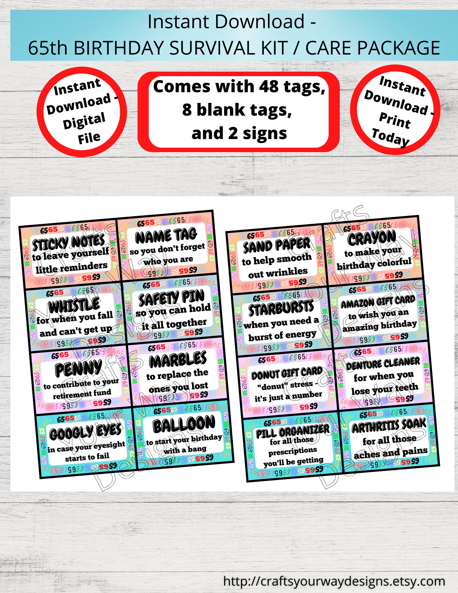 65th BIRTHDAY Survival Kit, 65th Birthday Care Package, Gift Tags ...