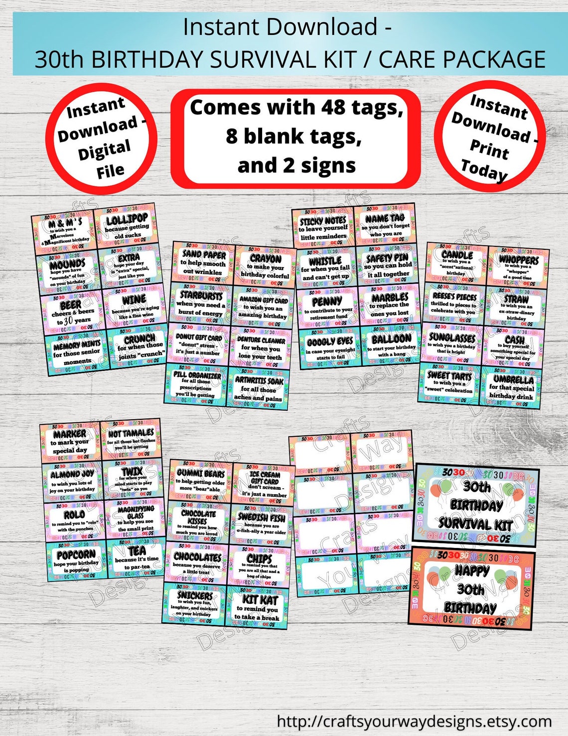 30th BIRTHDAY Survival Kit, 30th Birthday Care Package, Gift Tags ...