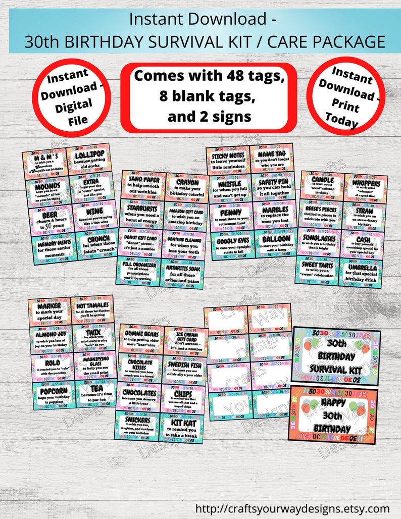 30th BIRTHDAY Survival Kit, 30th Birthday Care Package, Gift Tags ...