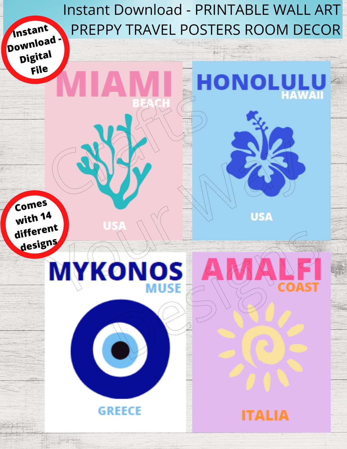 Set of 14 PREPPY TRAVEL POSTERS Instant Download Printable Aesthetic ...