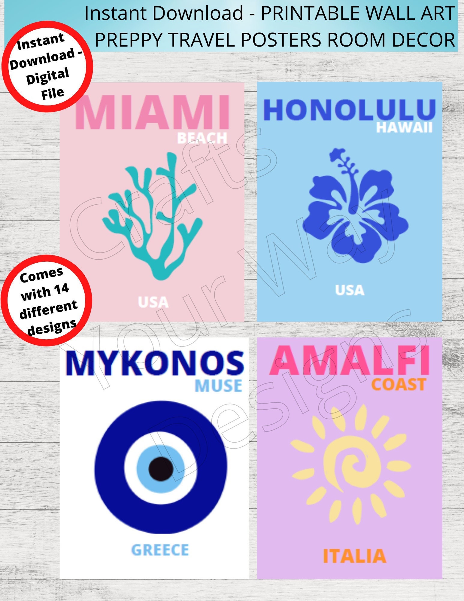 Set of 14 PREPPY TRAVEL POSTERS Instant Download Printable Aesthetic ...