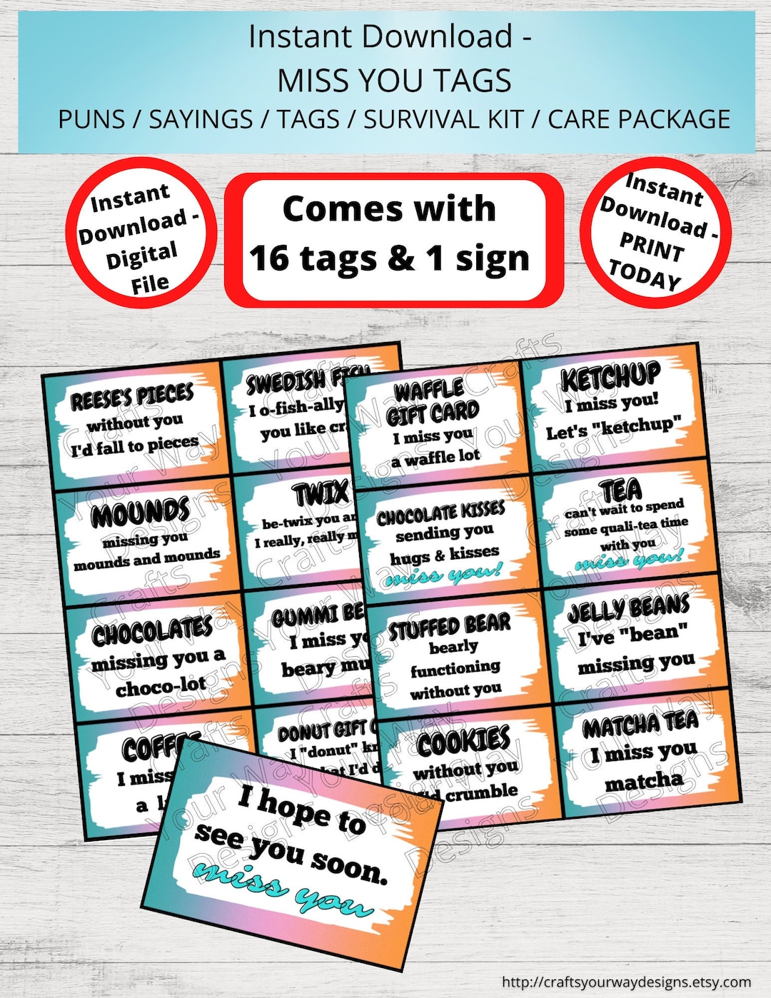 MISS YOU Survival Kit, Miss You Care Package, Gift Tags, Gift Ideas ...