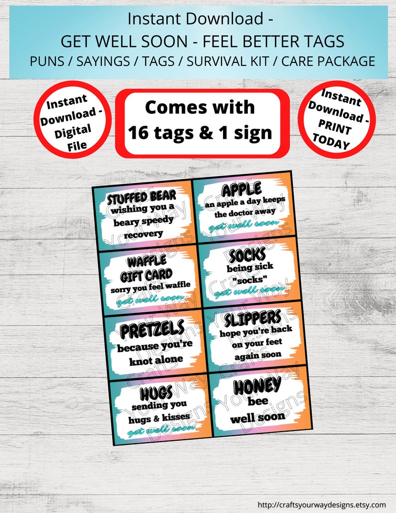 GET WELL SOON Survival Kit, Feel Better Care Package, Gift Tags, Gift ...