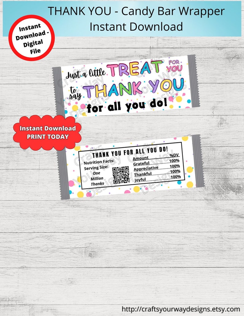 PRINTABLE THANK YOU Candy Bar Wrappers-gift Ideas-party Favors-treats ...