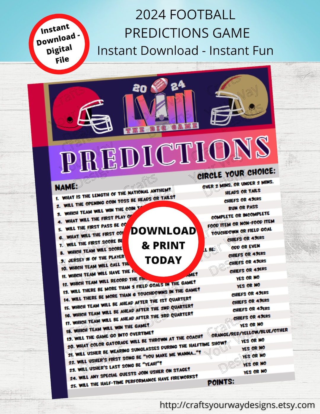 Printable FOOTBALL Party Game. Football Predictions Game-the Big Game ...