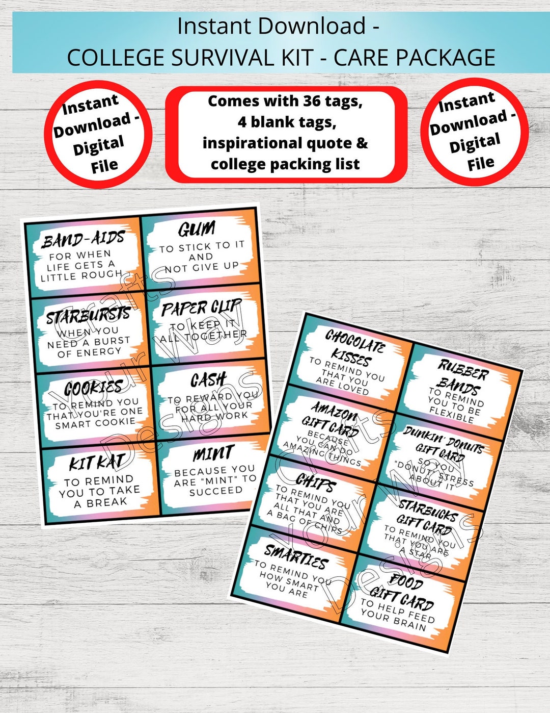 Instant Download Printables- College Survival Kit, College Care Package ...