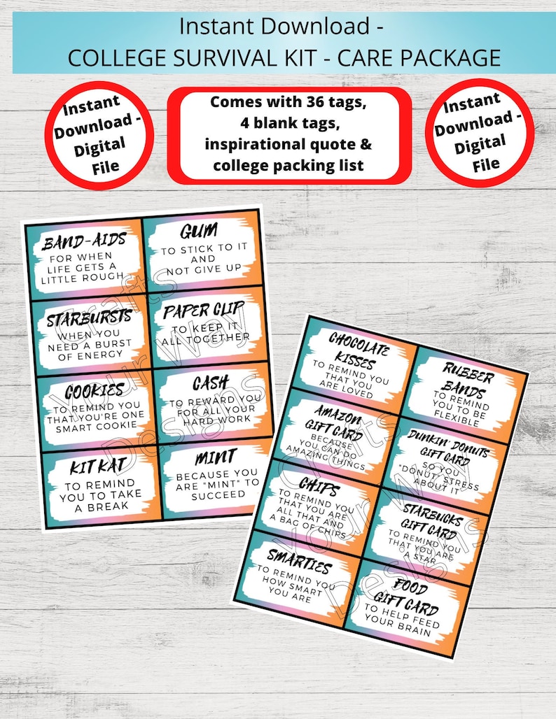 Instant Download Printables- College Survival Kit, College Care Package ...
