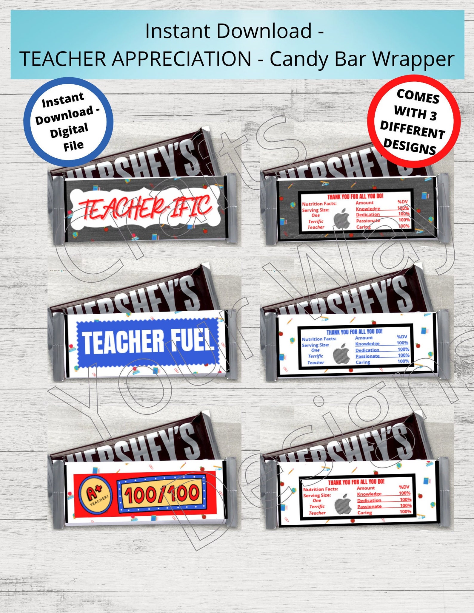 PRINTABLE TEACHER Candy Bar Wrapper-3 Designs-instant Download-teacher ...