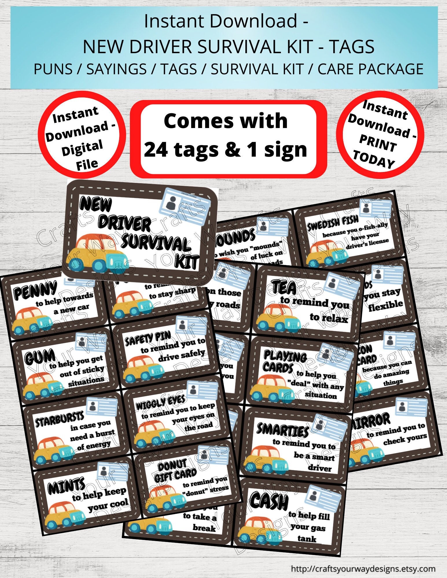 NEW DRIVER Survival Kit, Care Package, Gift Tags, Gift Ideas, Gift ...