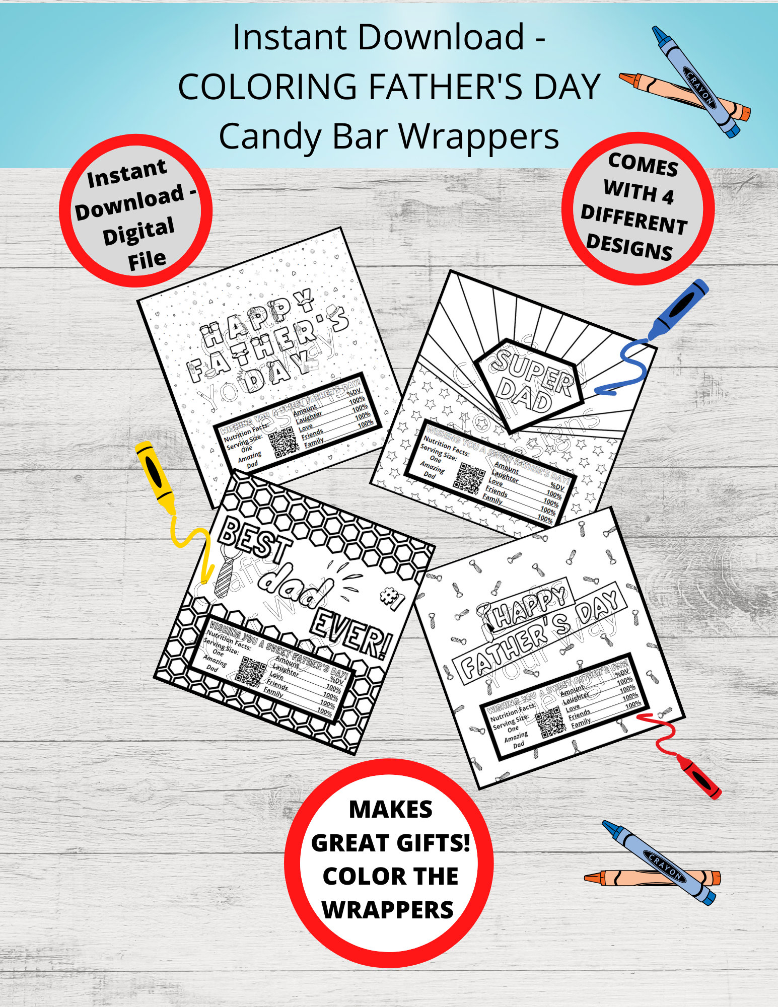 Printable COLORING FATHER'S DAY Candy Bar Wrappers-gift Ideas-party ...
