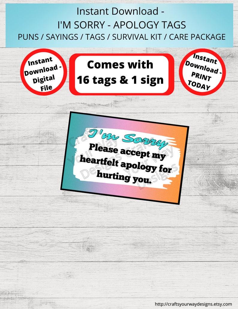 I'M SORRY Survival Kit, I'M SORRY Care Package, Gift Tags, I'M SORRY ...
