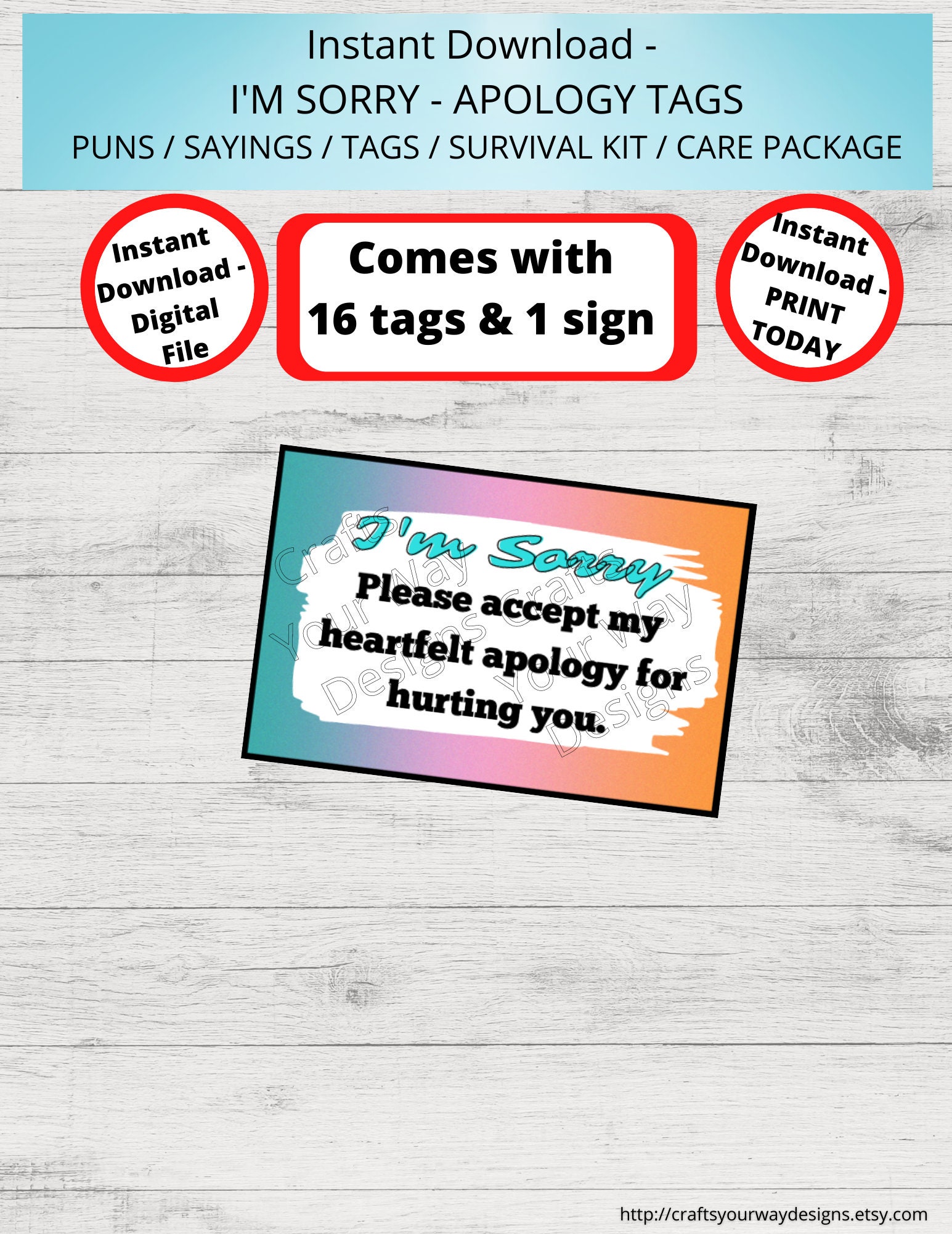 I'M SORRY Survival Kit, I'M SORRY Care Package, Gift Tags, I'M SORRY ...